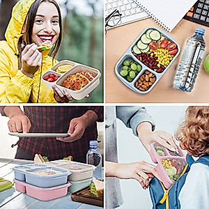 buluker 4 Pack Bento Lunch Box Set 3 Compartment Wheat Straw Meal Prep Food Storage Containers Plastic, Microwave and Dishwasher Safe (3 Compartment)