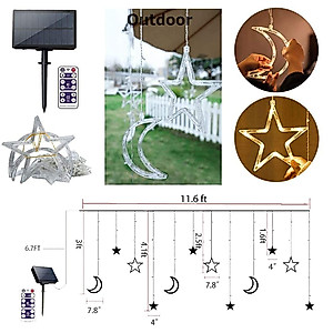CSX Solar String Lights 138LED Moon Star Twinkle Lights with Remote 8 Lighting Modes Curtain Lights Window Lights Hanging Fairy Lights Outdoor Waterproof for Yard Garden Patio Ramadan Christmas Decor