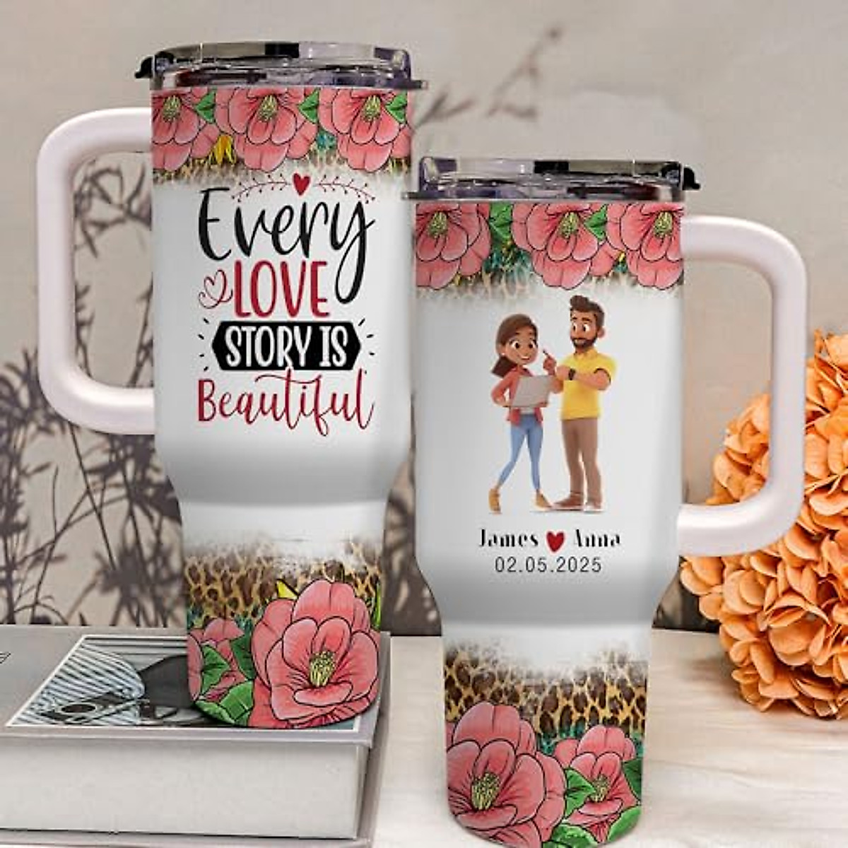 Personalized 40oz Tumbler with Handle – Valentine's puzzle-Custom Couple Gift for Anniversary Wedding Gift, Birthday, Mother's Day, Valentine’s Day zO0KLJ