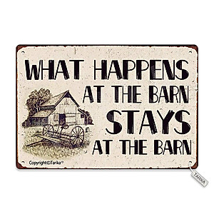 Tarika What Happens in The Barn Stays in The Barn Metal Retro Look 8X12 Inch Decoration Plaque Sign for Home Kitchen Bathroom Farm Garden Garage Inspirational Quotes Wall Decor