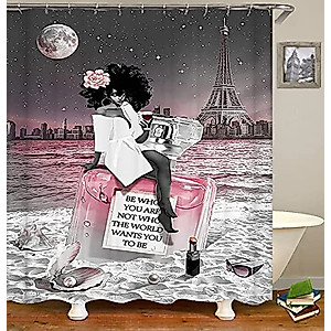 4 Pcs Perfume Paris Girl Shower Curtain Sets with 12 Hooks Waterproof Polyester Bathroom Sets with Rugs and Accessories-Bath Mat,Toilet Lid Cover,U-Shaped Mat,Black Girl Shower Curtain for Bathroom