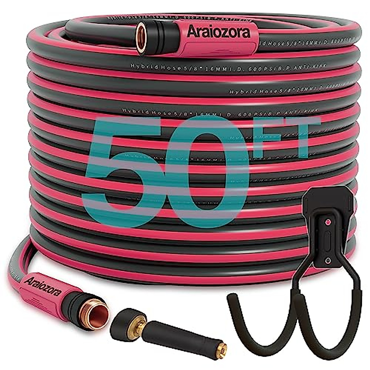 Garden Hose 50 FT,Heavy Duty Kink-resistant Hybrid 5/8 Inch Flexible Rubber Water Hose Kit With Solid Brass Twist Hose Nozzle & Hose Holder,All-weather,Lightweight,Burst 600PSI