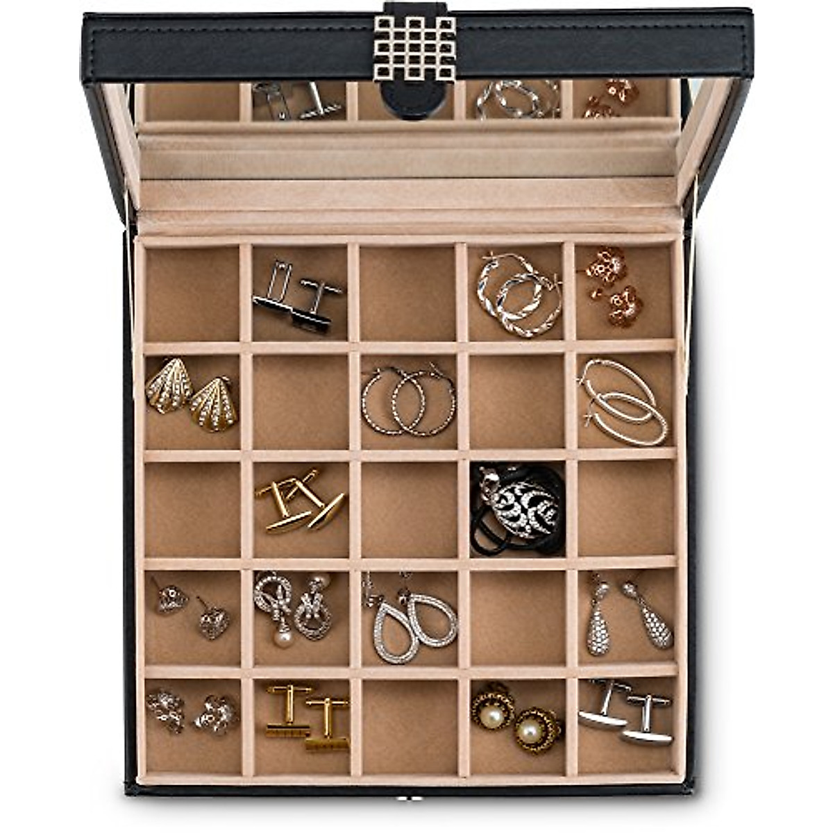 Glenor Co Earring Organizer - Classic 25 Section Jewelry Box/Case/Holder for Earrings, Rings, Necklaces, Jewelry, Cufflinks or Collections. 25 Small Compartments with Elegant Large Mirror - Black