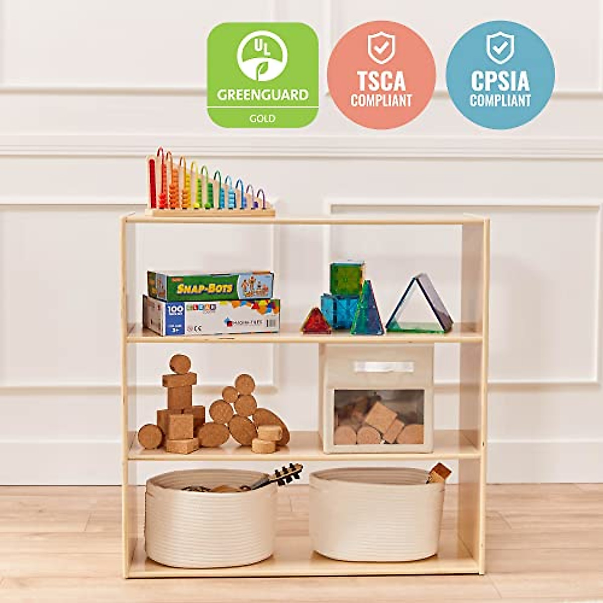 ECR4Kids Streamline 3-Shelf Storage Cabinet, 36in High, Double-Sided Display, Natural