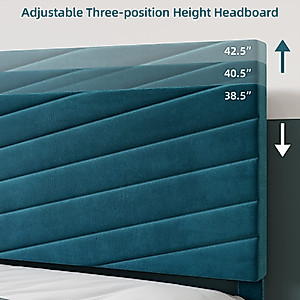 Homhougo Full Size Bed Frame with Adjustable Headboard, Velvet Upholstered Platform Bed with Solid Wood Slats Support, No Box Spring Needed, Noise-Free, Green