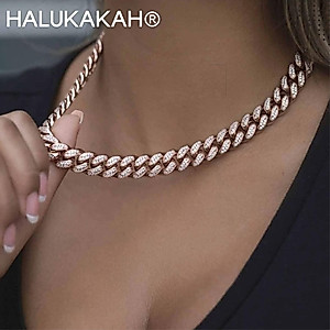 Halukakah Gold Chain for Men Iced Out,14MM Rose Gold Plated Diamond Cuban Link Chain Necklace 18",Lab Dimaonds Prong Set,Gift for Him