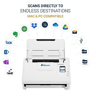 Raven Select Document Scanner for Windows PC and Mac Computer, Color, Two Sided Duplex, Auto Document Feeder (ADF), Scan to Cloud, Home or Office Desktop, USB