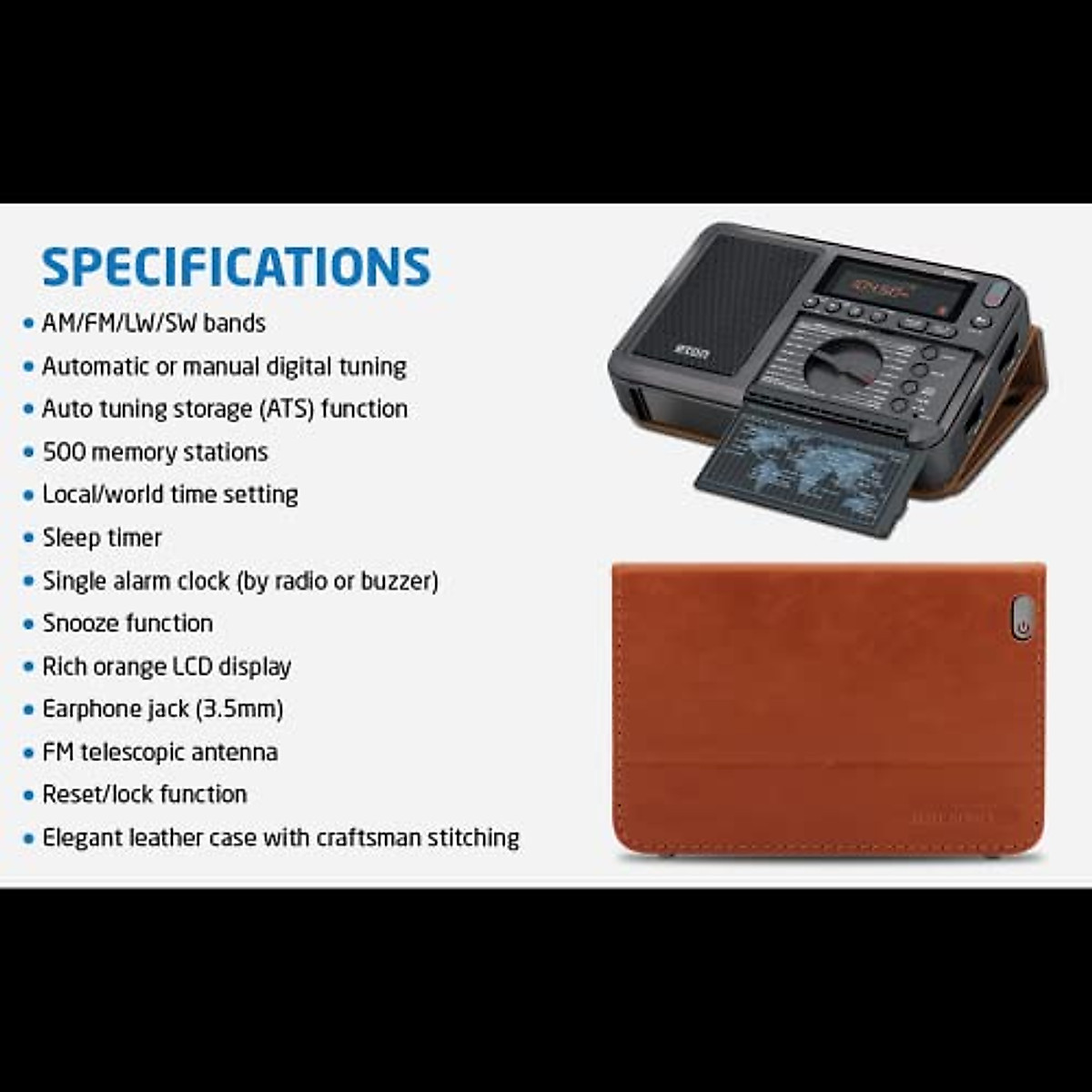Eton - Elite Traveler AM/FM/LW/Shortwave Radio with RDS & Custom Leather Carry Cover, 500 Station Memory, Sleep Timer, Local/World Time Setting, Snooze Function, Orange LCD Display, Earphone Jack