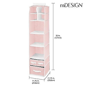 mDesign Fabric Hanging Organizer - Over Closet Rod Storage - 7 Shelves/3 Removable Drawers for Baby Nursery or Bedroom Organization, Holds Clothes, Toys, Accessories, Jane Collection, Pink/White