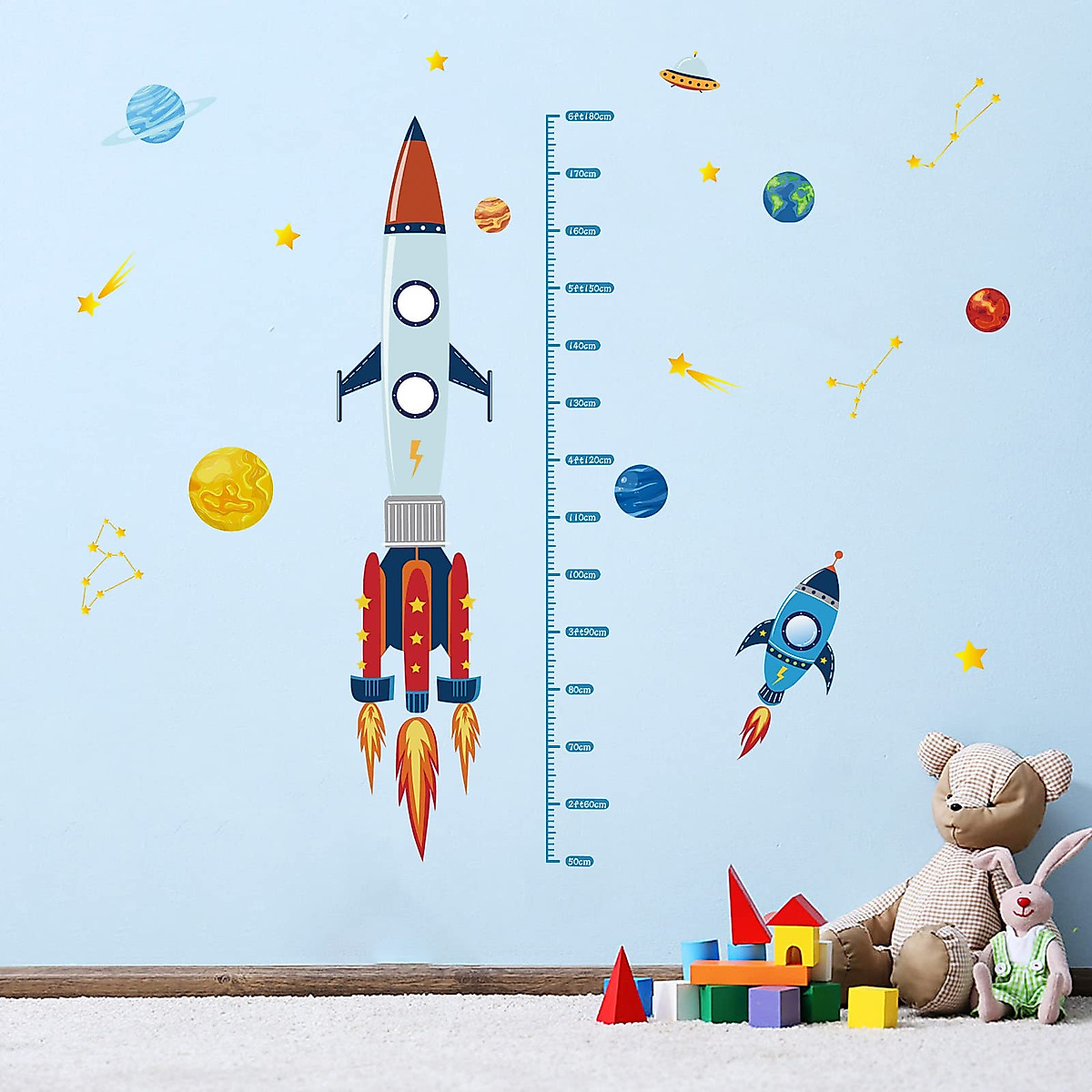 decalmile Wall Stickers Rocket Planets Height Measurement Picture Wall Sticker Space Wall Decoration Baby Boy Living Room