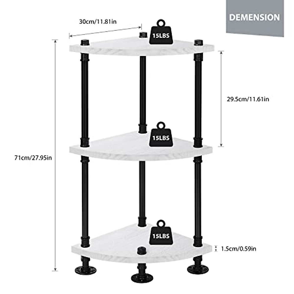 BTY Small Corner Shelf 3 Tier Free Standing Corner Display Rack Wood Corner Storage Stand Shelves for Bedroom Bathroom Small Place (Grey White)