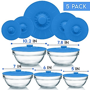 Silicone Bowl Lids Blue Set of 5 Reusable Suction Seal Covers for Bowls, Pots, Cups. Food Safe. Natural grip, interlocking handles for easy use and storage.