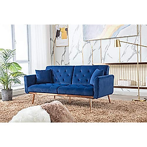 Woanke Mid Century Modern Velvet Fabric Home Living Room Bedroom, Convertible Futon Bed, Accent Sofa Recliner, Golden Metal Legs, 2 Couch Pillows, Navy