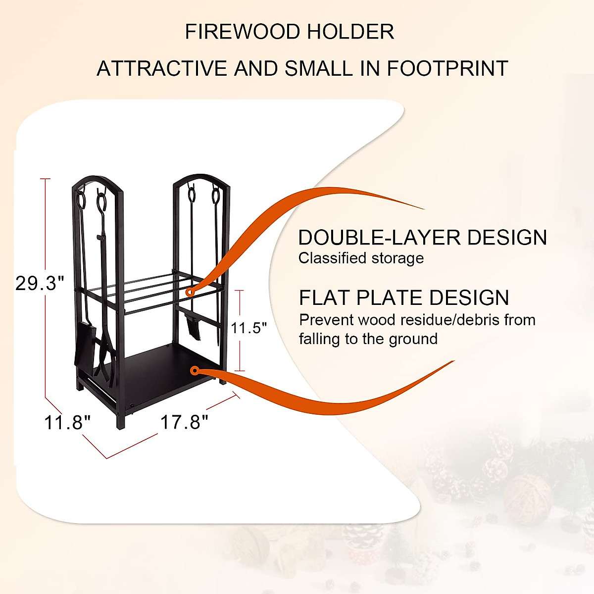 Babylon Fireplace Tools Log Rack Set with 4 Piece Tools Wrought Iron Black Fireplace Tools Firewood Holder Carrier Storage Rack with Brush Shovel Poker Tongs for Indoor Outdoor