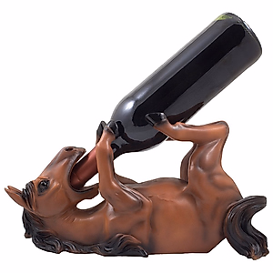 Drinking Chestnut Stallion Wine Bottle Holder Statue in Decorative Tabletop Wine Racks & Display Stands for Country Farm Kitchen Table Centerpieces or Western Brown Horse Decor As Gifts for Farmers