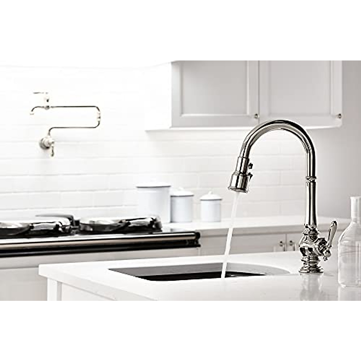 KOHLER Artifacts Single-hole kitchen sink faucet with 16" pull-down spout and turned lever handle, DockNetik magnetic docking system, and 3-function sprayhead featuring Sweep and BerrySoft spray