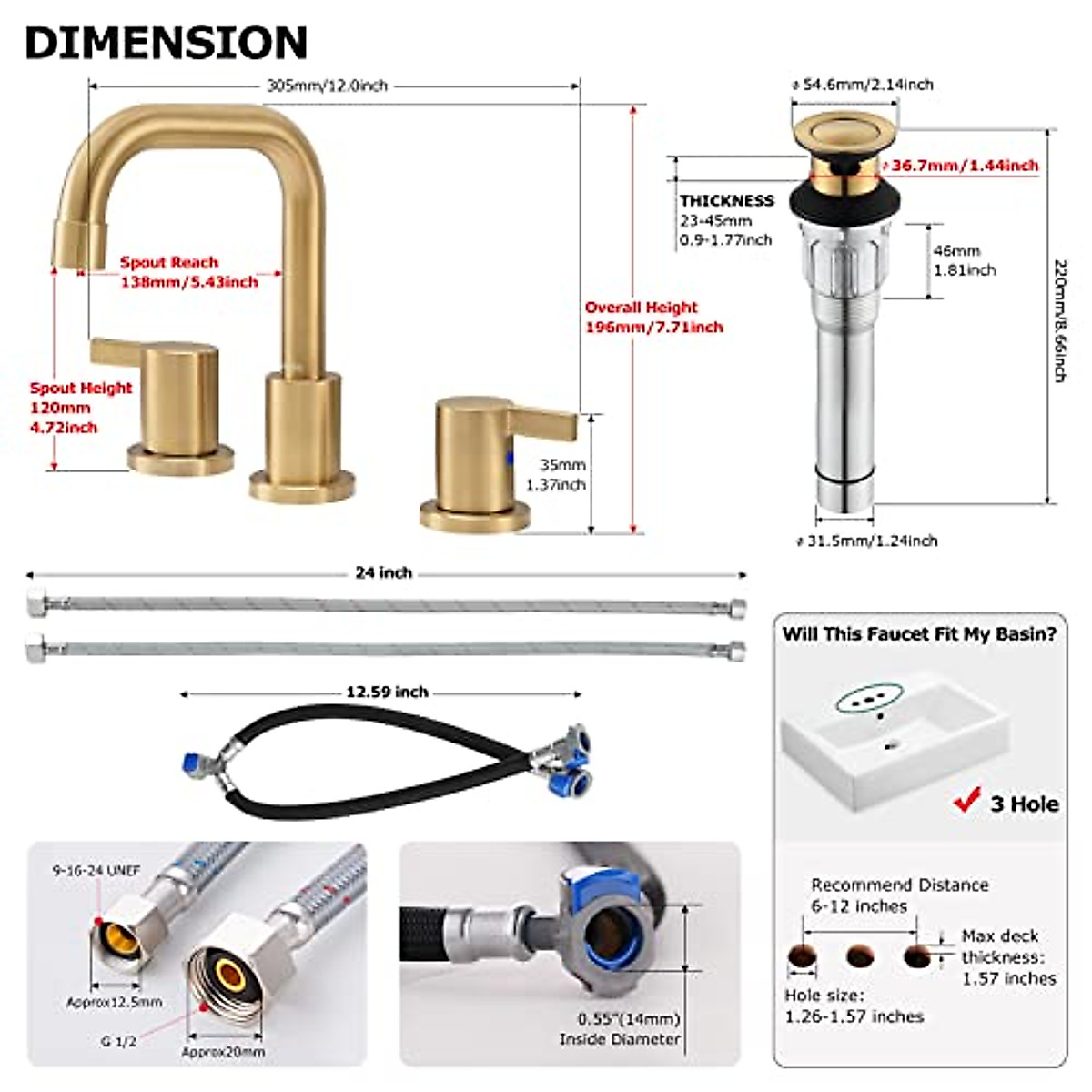 PARLOS Two-Handle Widespread Bathroom Faucet with Metal Pop-up Drain Assembly and cUPC Faucet Supply Lines, Brushed Gold, 1.2 GPM