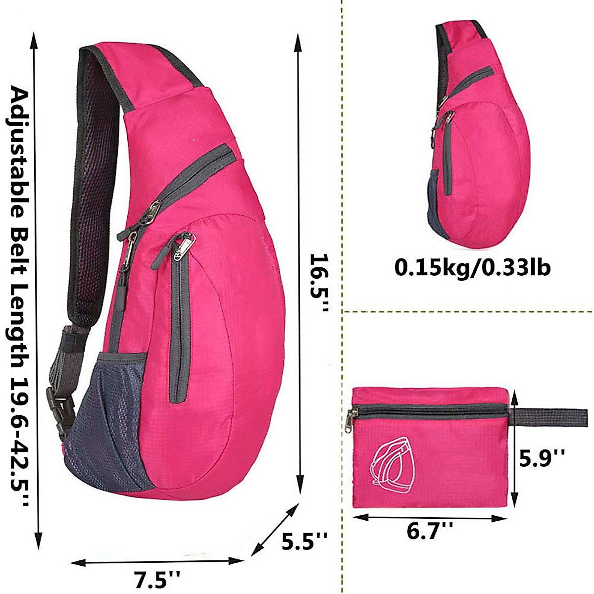 WTSHOPME Sling Bag Crossbody Shoulder Backpack Chest Daypack Small Foldable Rope Triangle Rucksack for Hiking Travel Cycling (Rose)