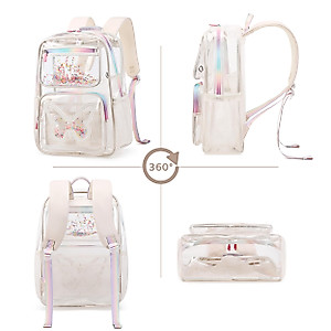 KIDNUO Clear Backpack for Girls Kids Elementary Bookbags Transparent Stadium Approved Travel Daypack See Through Middle College School Bag Large Laptop Backpacks for Women Teens Students (Beige)