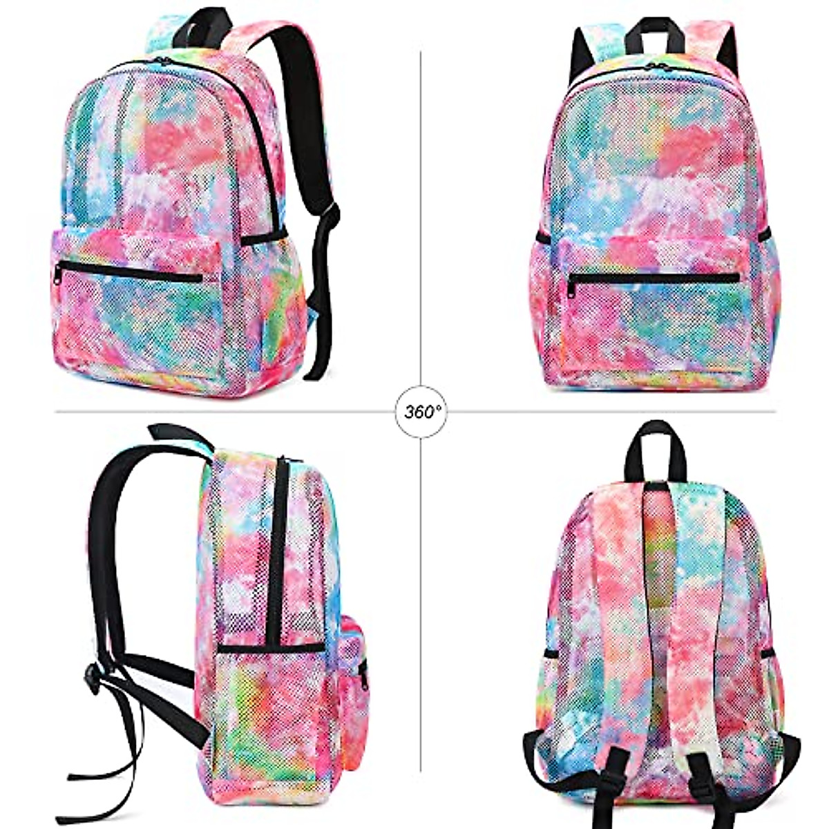 LEDAOU Mesh Backpack for Kids Girls Semi-Transparent Mesh School Backpack Bookbag Lightweight Casual Daypacks for Beach Gym Travel (Tie Dye Orange)
