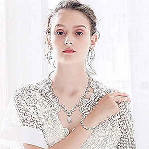 Hadskiss Jewelry Set for Women, Wedding Party Jewelry for Bridal Bridesmaid, Necklace Dangle Earrings Bracelet Set with White AAA Cubic Zirconia