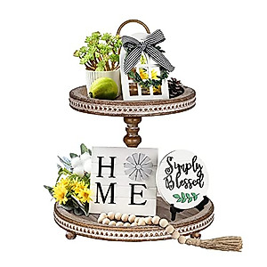 LIBWYS 6 Pcs Farmhouse Decors for Tiered Tray Farmhouse Home Decor Tiered Tray Decor Items Mini Signs Simply Blessed Home Windmill Wooden Beads Garland Rustic Kitchen Decor