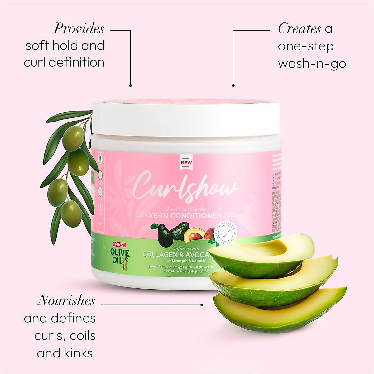 ORS Olive Oil Curlshow Leave-In Conditioner Gel Infused with Collagen & Avocado Oil for Strength & Length (16.0 oz)