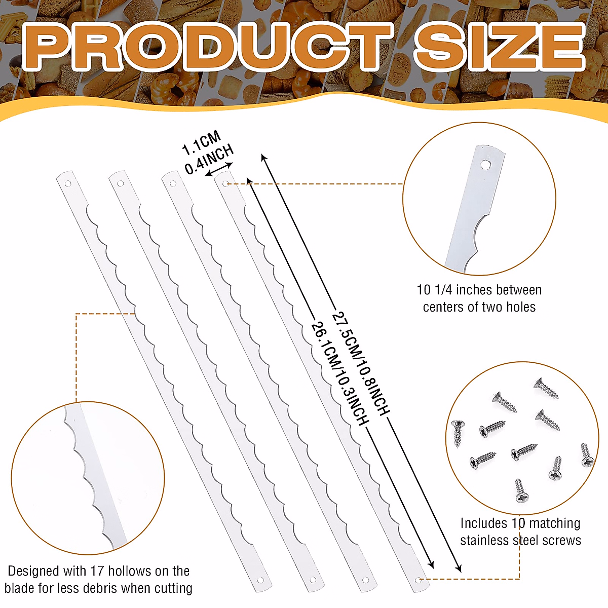 Lasnten 4 Pcs Bread Bow Knife Blades Stainless Steel Replacement Blade Serrated Bread Blade with Screws for Wooden Bread Knife