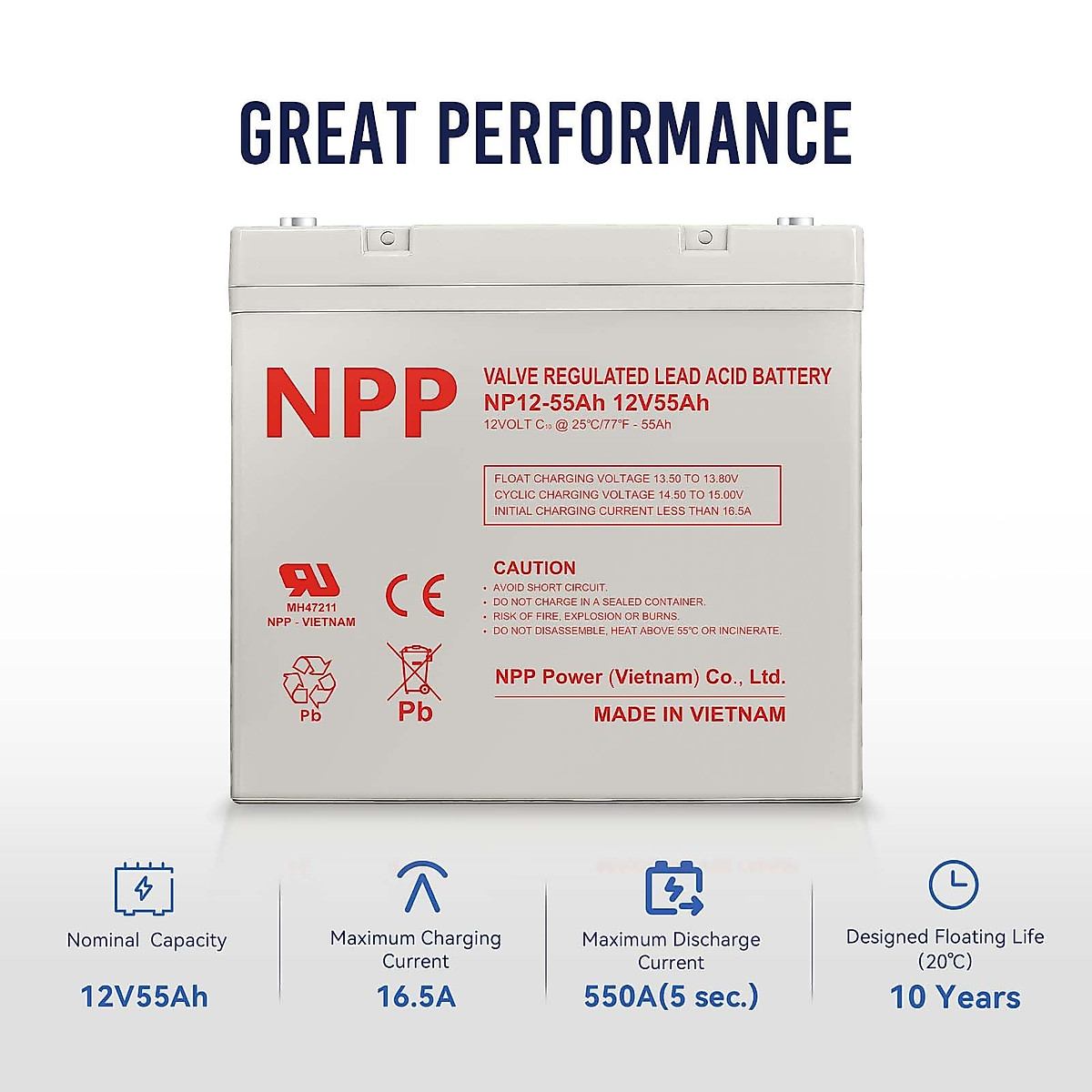 NPP 12V 55Ah SLA AGM Rechargeable Battery with T14(M6) Terminal, Deep Cycle Replacement Lead Acid Battery for Electric Wheelchair, Mobility Scooter, Jazzy Select, Off-Grid Solar System