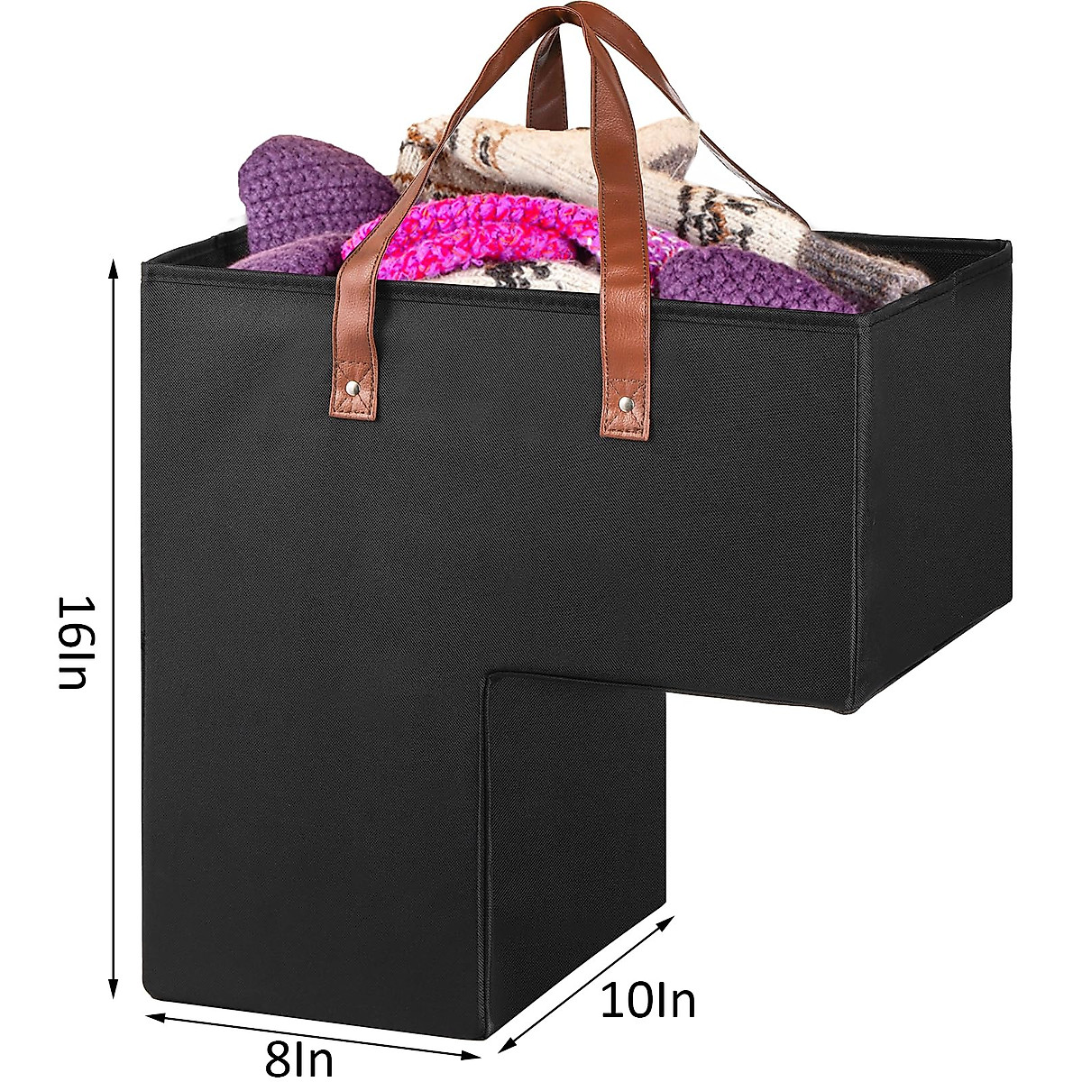 WUWEOT L-shaped Stair Basket, Foldable Stair Step Basket Organizer, 16" Large Capacity Staircase Storage Bin with Leather Handles and Internal Support for Carpeted Stairs and Wooden Stairs