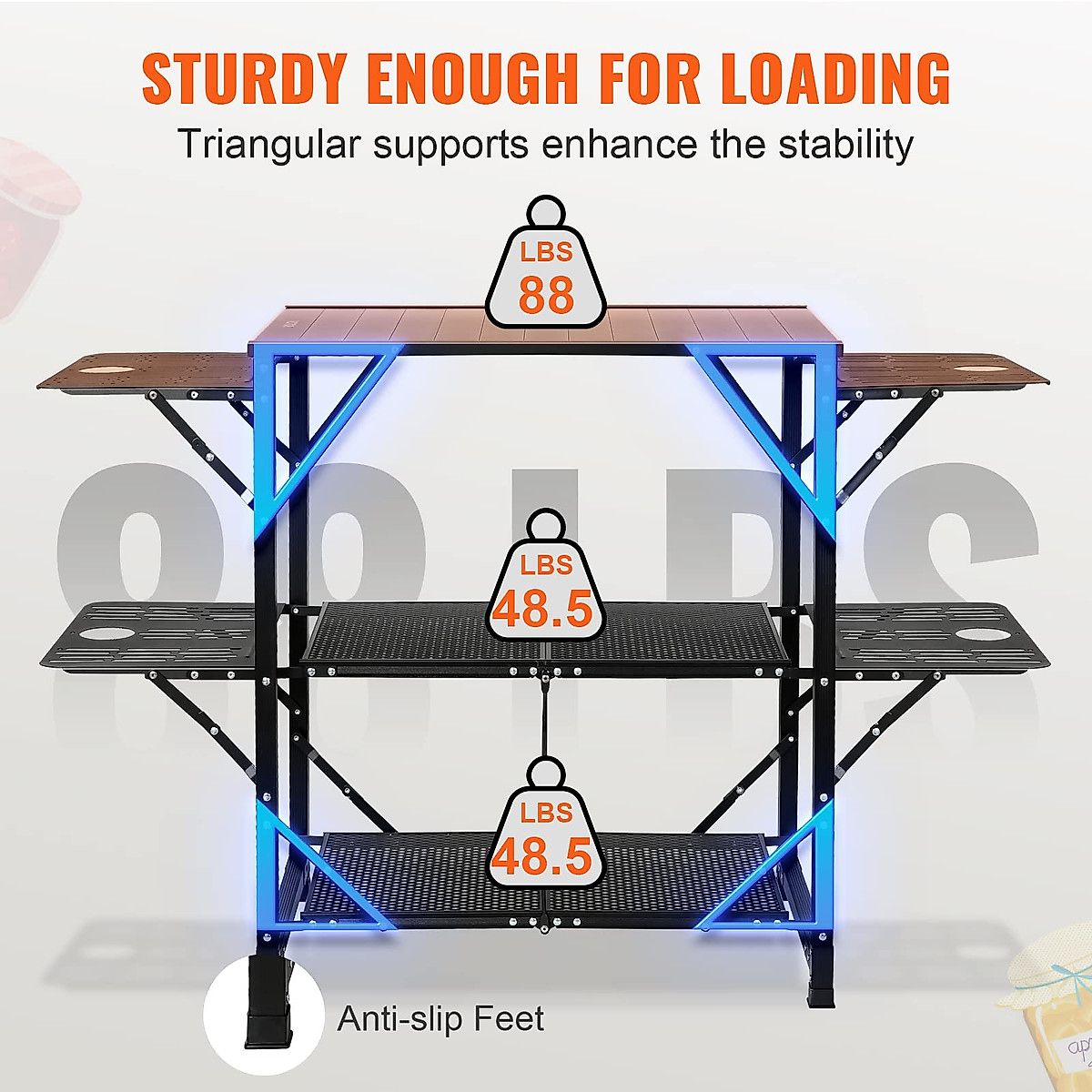 VEVOR Camping Kitchen Table, Aluminum Folding Portable Outdoor Cook Station with 4 Iron Side, 2 Shelves & Carrying Bag, Quick Installation for Picnic BBQ Beach Traveling