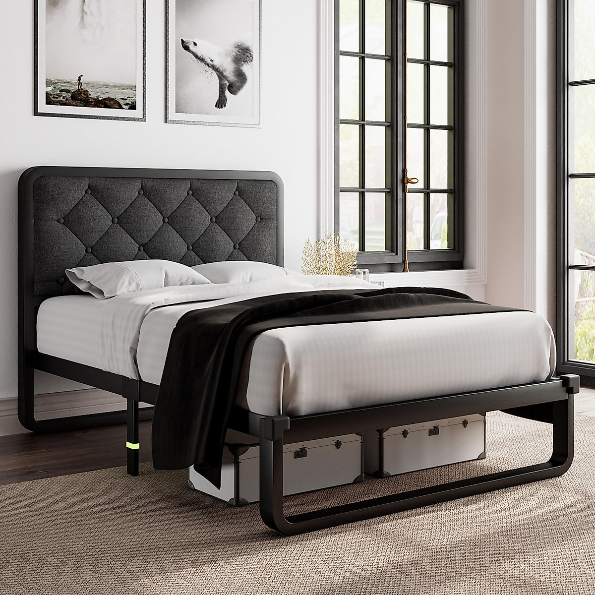 Feonase Twin Size Bed Frame, Upholstered Platform Bed Frame with Heavy-Duty Metal Steel Slats, Diamond Linen Headboard, 12" Storage Space, No Box Spring Needed, Noise Free, Easy Assembly, Dark Gray