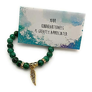 Smiling Wisdom - Angel Wing Appreciation Kindhearted Thank You Keepsake Greeting Card and Stretch Stone Bracelet - Green Rain Flower Stones - 7.5 inches Medium
