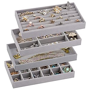 Ptaedex Stackable Velvet Jewelry Trays Organizer for Drawers, Small Jewelry Drawer Organizer Display Tray for Earring Ring Watch Bangle Bracelet Necklace, Set of 4, Gray