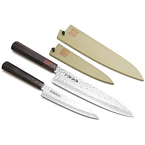 Yoshihiro 46 Layers Hammered Damascus Gyuto Chef Knife and Petty Utility Knife SET (Gyuto 8.25'' (210mm) & Petty 6'' (150mm), Rosewood Handle)