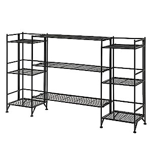 Convenience Concepts Xtra Storage 3 Tier Folding Metal Shelves with Set of 3 Deluxe Extension Shelves - Organizer for Living Room, Office, Bedroom, Garage, Kitchen, Bathroom, Black