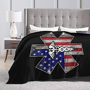 Rqwaaed EMS Star of Life EMT Paramedic Medic American Flag Throw Blankets Cozy Warm Lightweight Flannel Blanket for Sofa Bed Men and Women