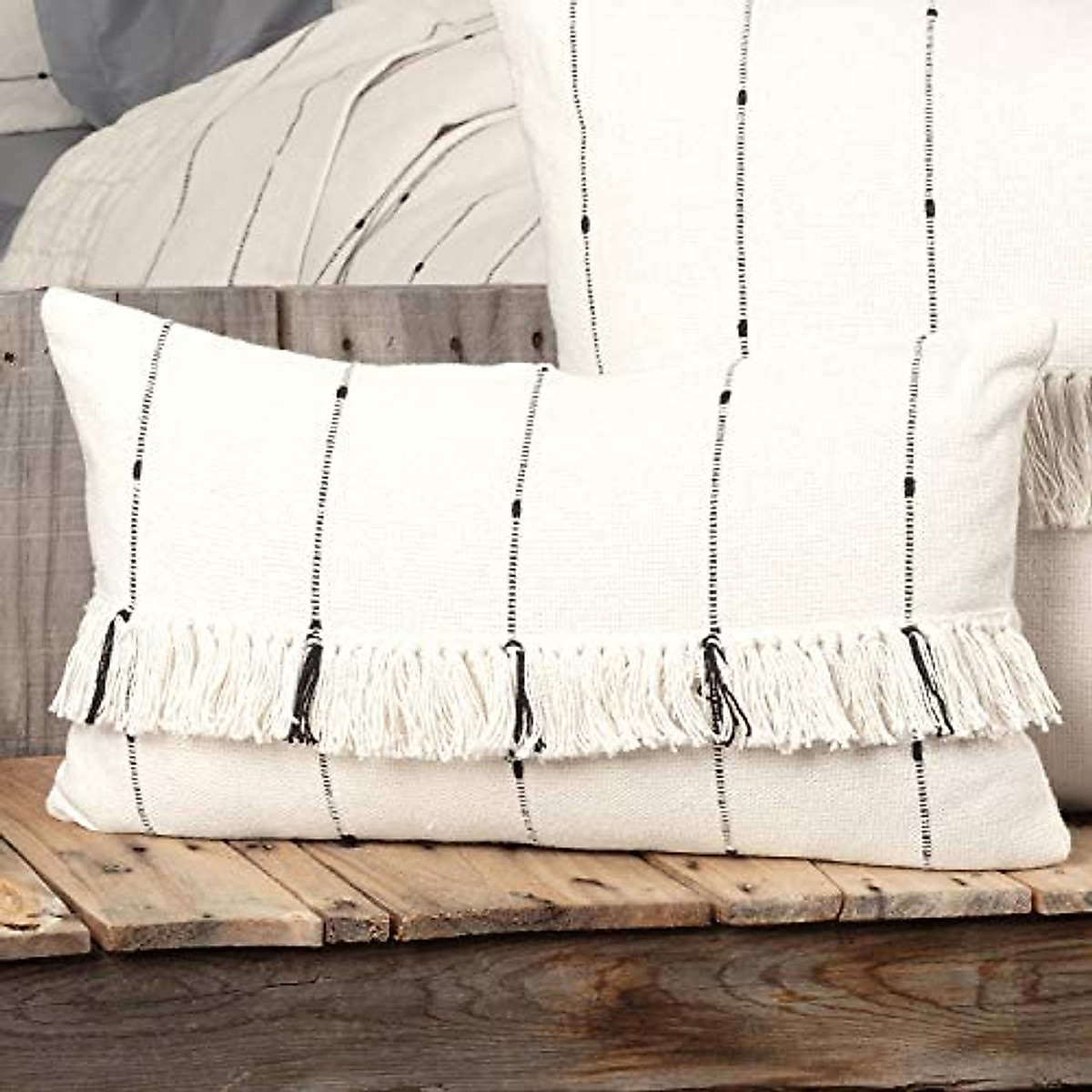 Piper Classics Farmcloth Stripe Pillow Cover w/ Fringe, 12" x 20", Urban Rustic Farmhouse Style, Boho Chic, Natural Cream w/ Black Stripes