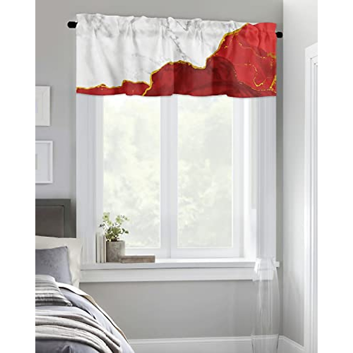 Curtain Valance for Windows Red White Gradient Marble Gold Edge Kitchen Valances Rod Pocket Short Curtains,Simple Abstract Art Window Treatment Panel for Living Room Bathroom Bedroom 60x18in