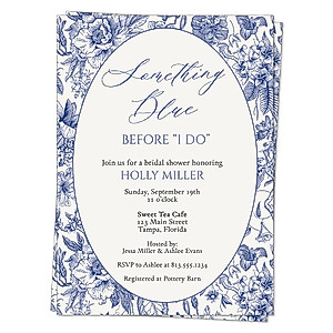 Bridal Shower Invitation Something Blue Classy Classic Vintage Floral Victorian Before I Do Wedding Shower Antique Customized Personalized Printed Cards (12 Count)