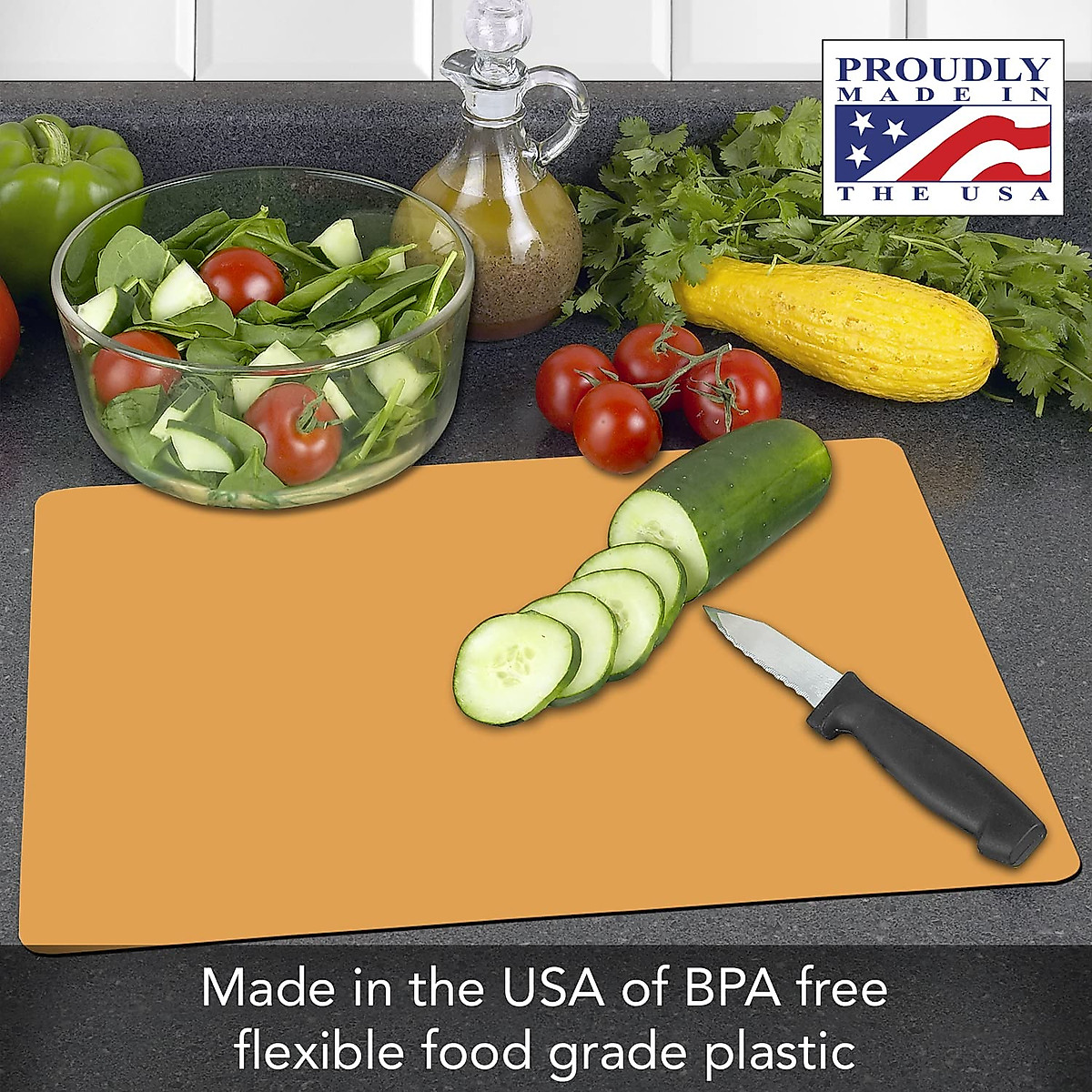 Cut N' Funnel Wine Country/Orange Designer Flexible Plastic Cutting Board Mat with Coordinating Solid Flex Mat 15" x 11.5", Made in the USA, Decorative, Flexible, Easy to Clean