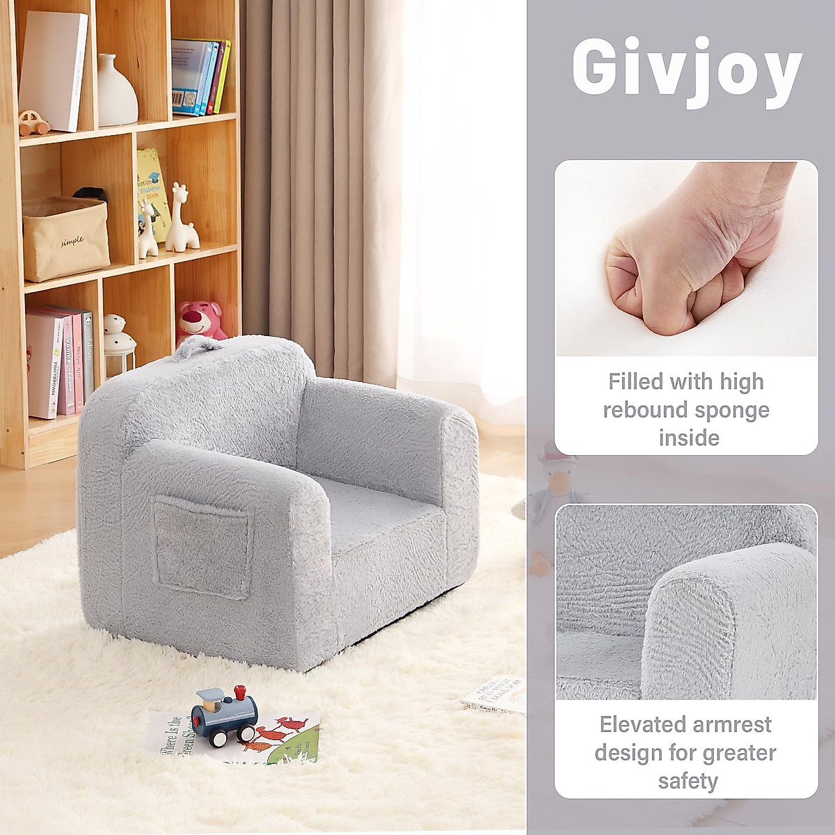Givjoy Toddler Chair Plush Kids Couch, Comfy Kids Sofa Toddler Lounger Chair for Bedroom, Convertible Toddler Couch for Girls and Boys, Reading Chair for Kids