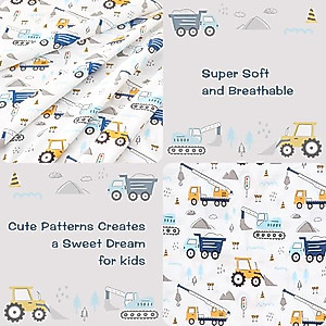 lasoftan Kids Sheet Set Twin Size 3 Pcs, Boys Twin Sheet Set with Blue Excavator Car Pattern，Kids Boys Twin Fitted Sheet ，Breathable & Silky Soft Microfiber Kids Fitted Sheet