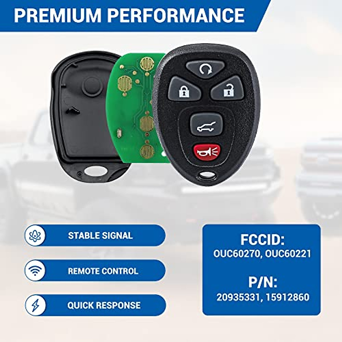 Pilida Car Key Fob Keyless Entry Remote Compatible with 2007-2015 Chevy Tahoe Traverse Suburban GMC Acadia Yukon Buick Cadillac Replacement 5 Button OUC60270 15913415 2 Pack