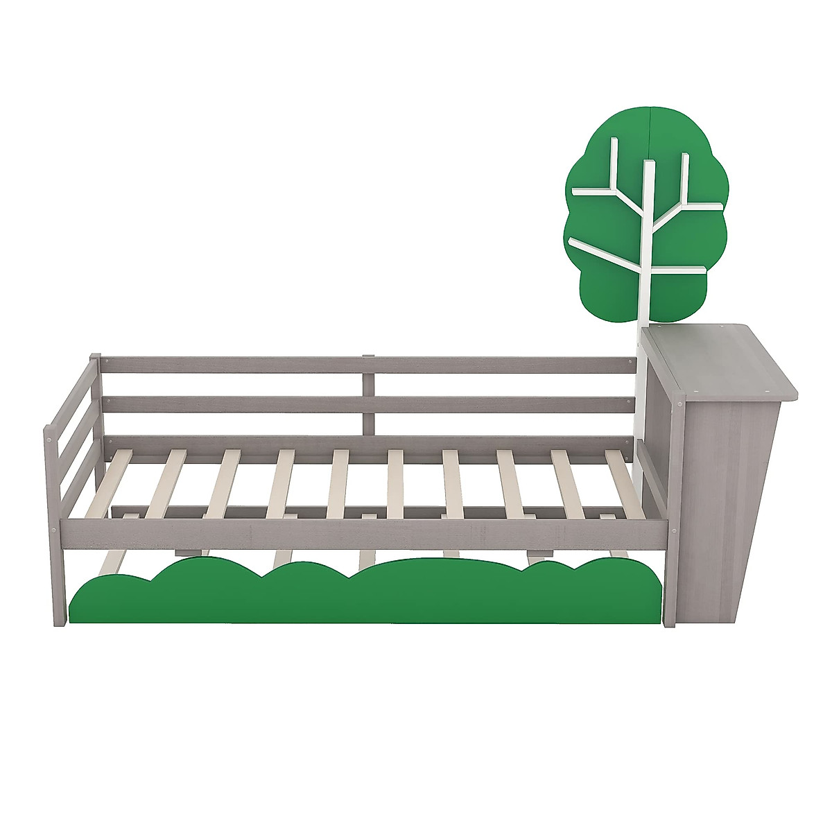 Lifeand Twin Size Wooden Daybed with Desk, Green Tree Shape Shelves and Trundle, Gray
