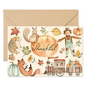 Whaline 24 Packs Fall Thankful Cards Watercolor Little Pumpkin Greeting Cards Autumn Animal Blank Note Cards with Envelopes and Stickers for Thanksgiving Baby Shower Birthday Party, 4 x 6 Inch