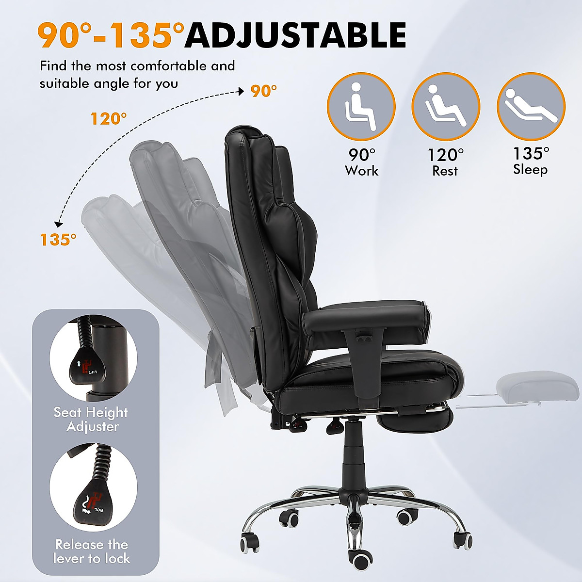HOMREST 6-Point Massage Office Chair,Heating Executive Chair,Ergonomic Home Office Desk Chair with Retractable Footrest and Reclining Function,Leather Computer Chair with Adjustable Armrest(Black)