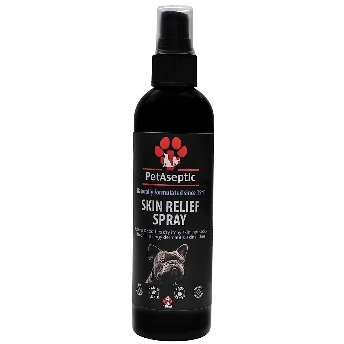 PetAseptic Skin Relief Spray for Dogs | Relieves Dry Itchy Skin, Hot Spots, Dandruff, Allergy Dermatitis, & Skin Rashes | Clear, Stainless, & Greaseless | Provides Fast, Temporary Relief | 4oz Spray