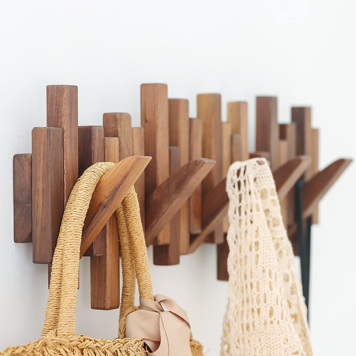 Acsigesn Wooden Coat Rack Wall Mounted Sticks Multi Rack Solid Handmade Natural Walnut Wood Artwork with 6 Flip-Down Unique Modern Hooks for Coats Bag Hat Umbrella