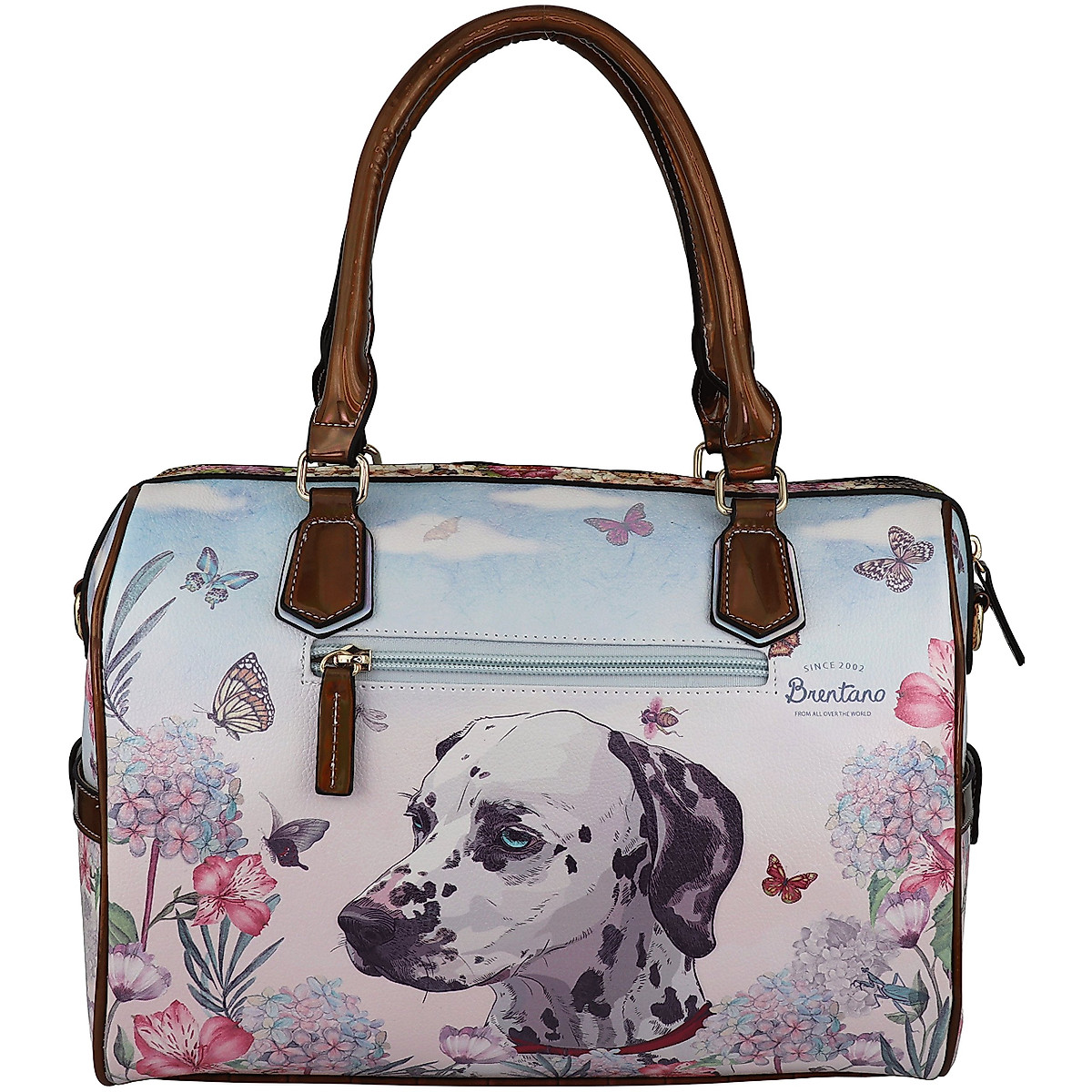 B BRENTANO Vegan Cute Animal Graphic Top Handle Boston Shoulder Bag with Rhinestones (Cozy Dog Wagon.)